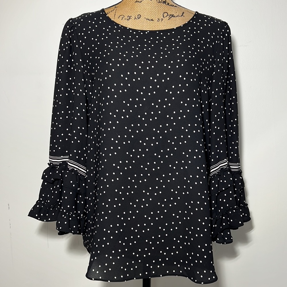 Max Studio || Black & White Polka Dots Ruffle Bell Sl… - Gem